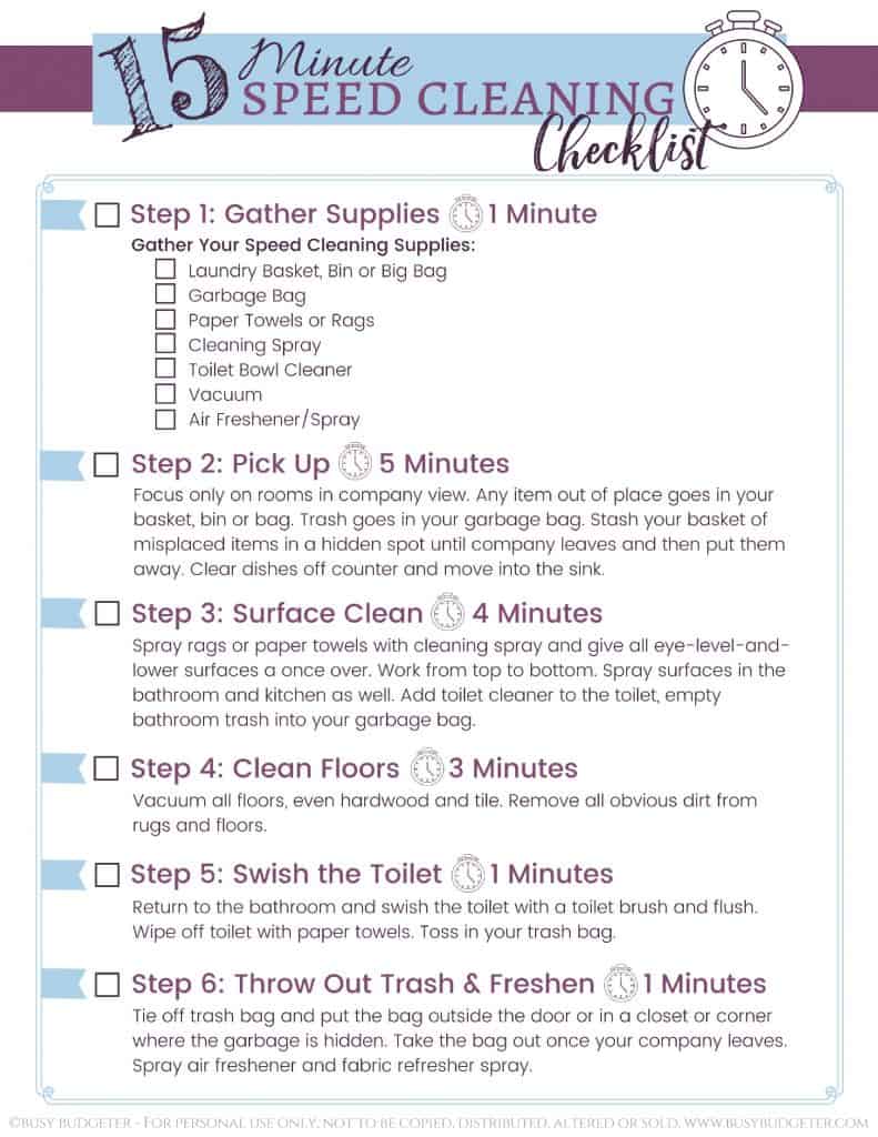 15-Minute Speed Cleaning Checklist + FREE Printable | Busy Budgeter
