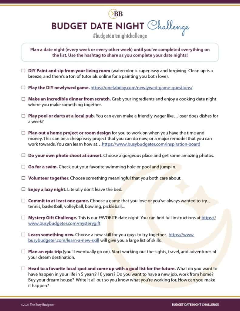 Cheap Date Night Ideas: Free Printable Challenge. - The Busy Budgeter